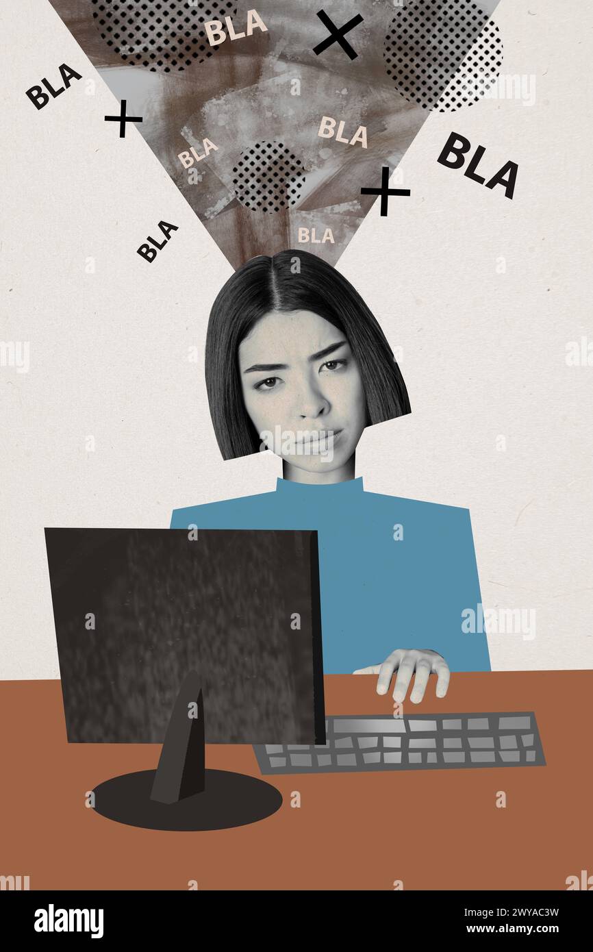 Vertical photo collage of tired girl sit computer table keyboard video ...