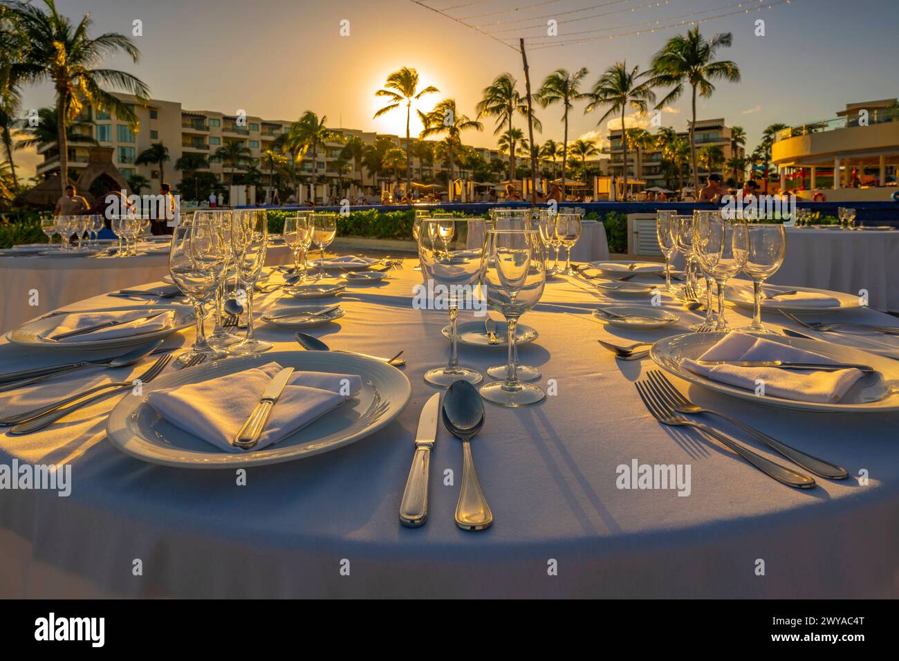 View of set wedding reception table and hotel near Puerto Morelos ...