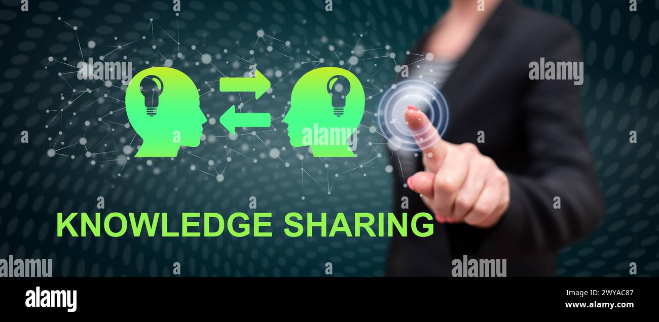 Woman touching a knowledge sharing concept on a touch screen with her ...