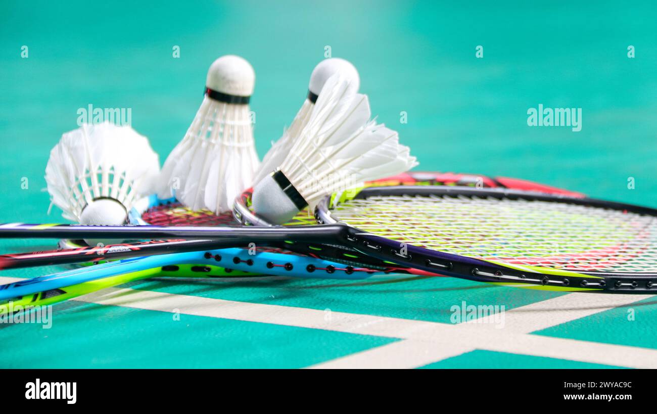 White badminton shuttlecocks and badminton rackets on green floor ...