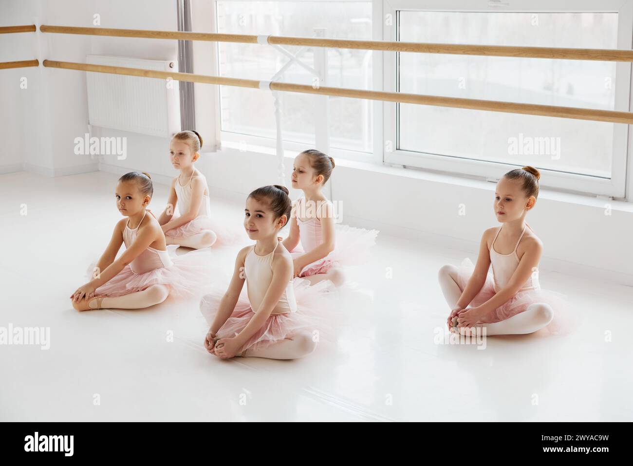 Little, charming pre school girls, ballerinas in pink tutus warming up ...