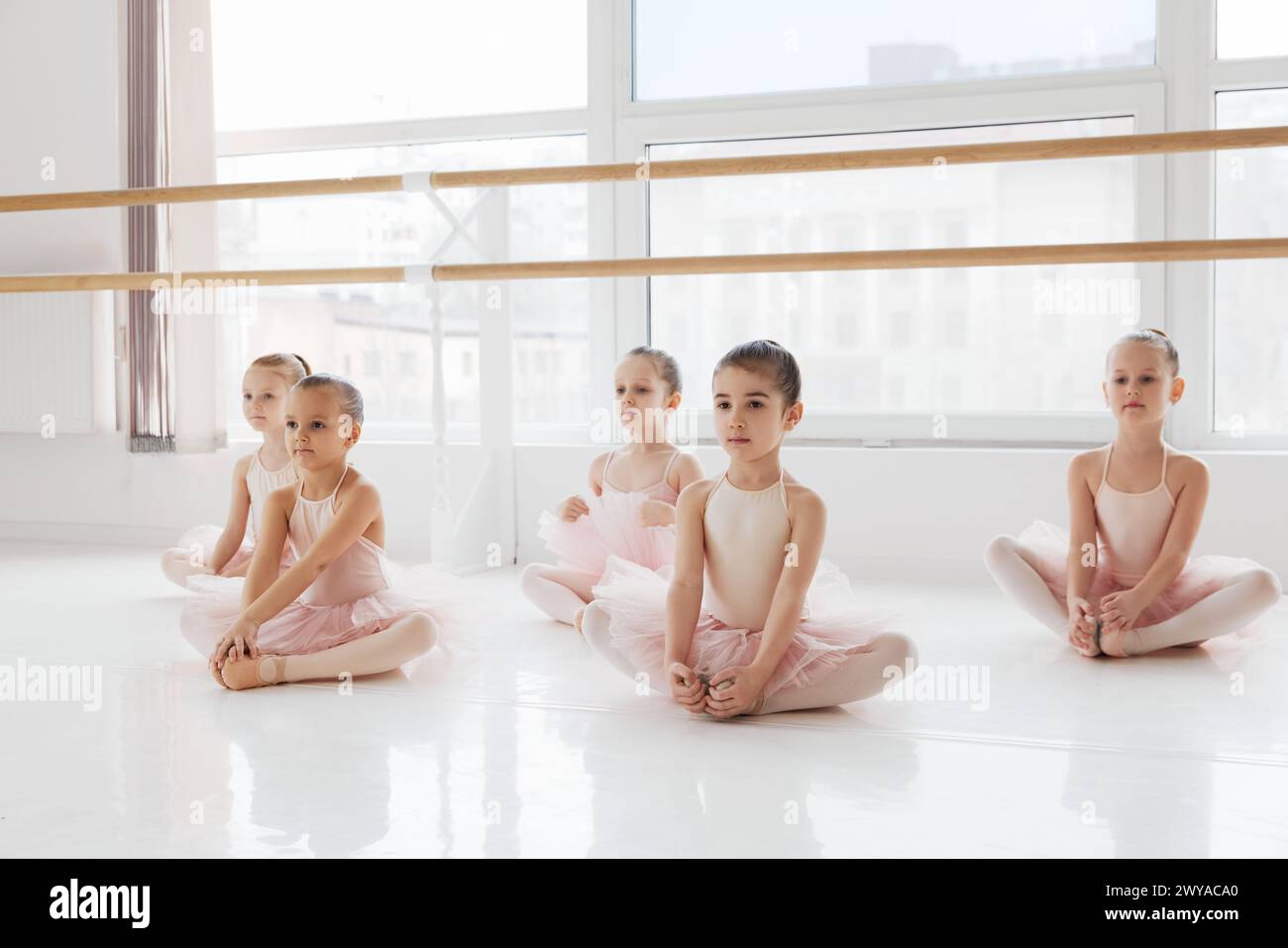 Little, charming pre school girls, ballerinas in pink tutus stretching ...