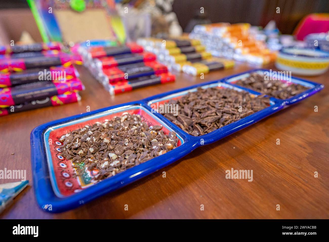 View of Mexican chocolate tasting dishes, Hotel Zone, Cancun, Caribbean ...