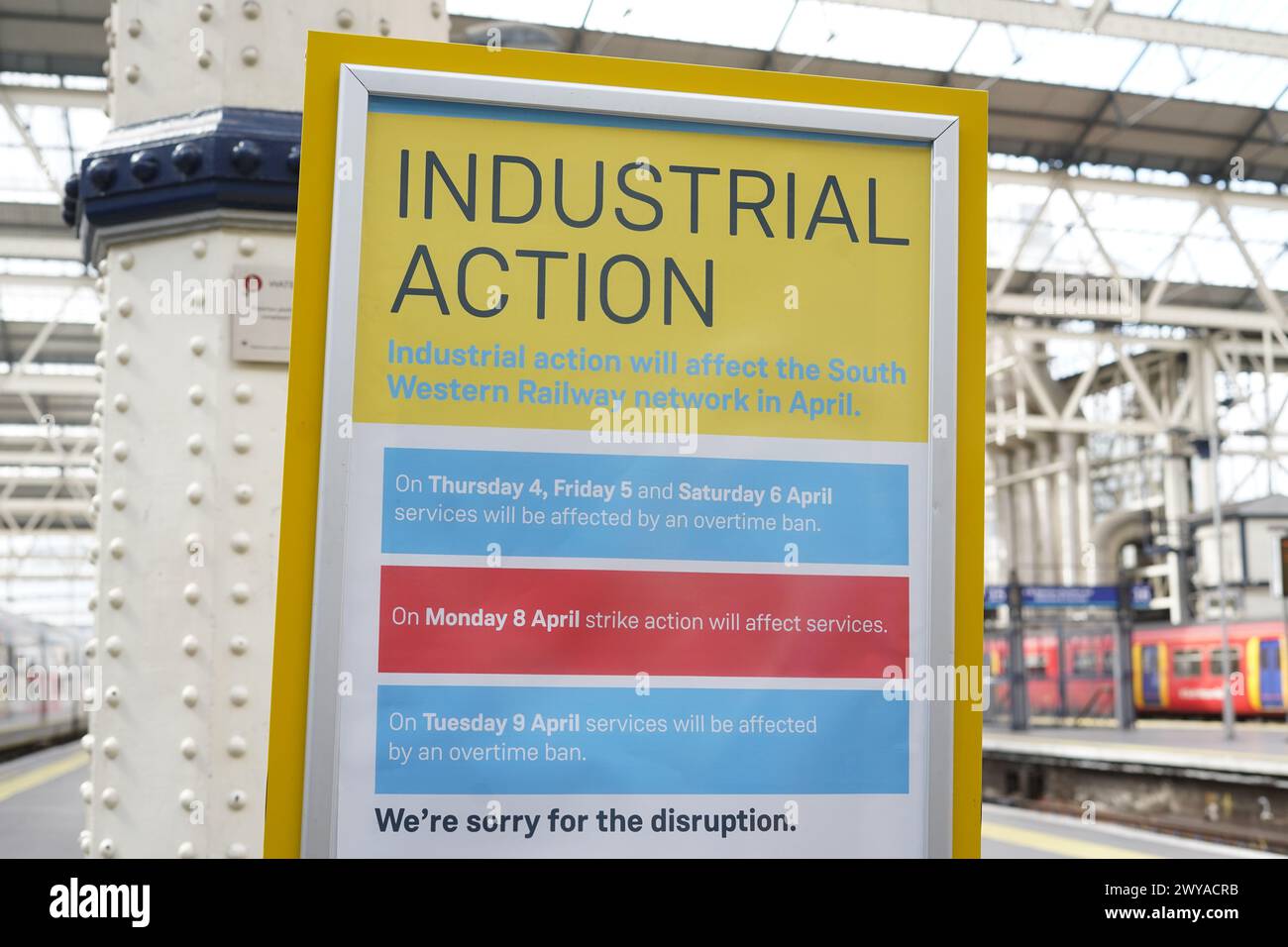 Signage at Waterloo station, London, as train drivers from the Aslef ...