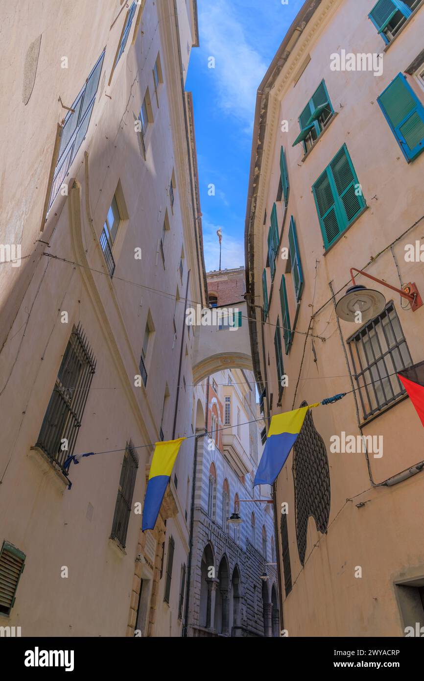 Genoa cityscape, Italy: narrow alleys of the historical center Stock ...