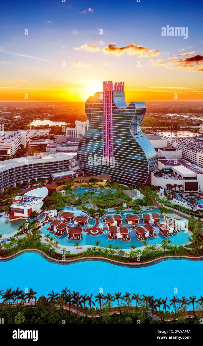 Aerial of Seminole Guitar Hardrock Hotel, Sunset/ Blue Hour Hollywood ...