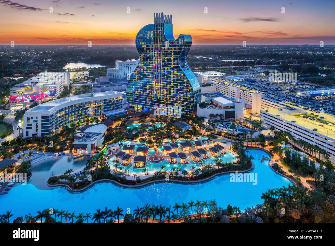 Aerial of Seminole Guitar Hardrock Hotel, Sunset/ Blue Hour Hollywood ...