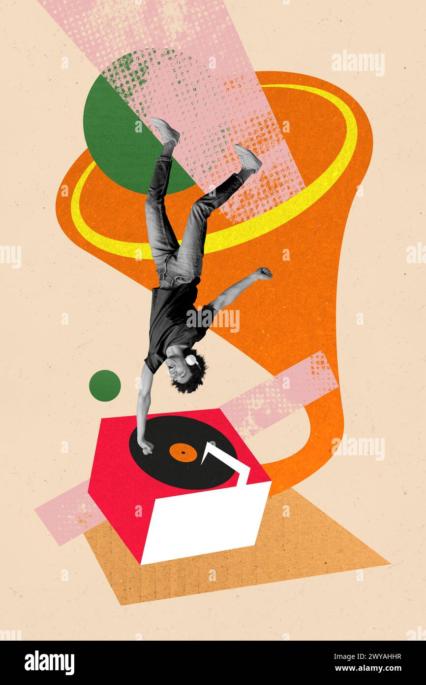 Vertical photo collage young dancing man melody listener music ...