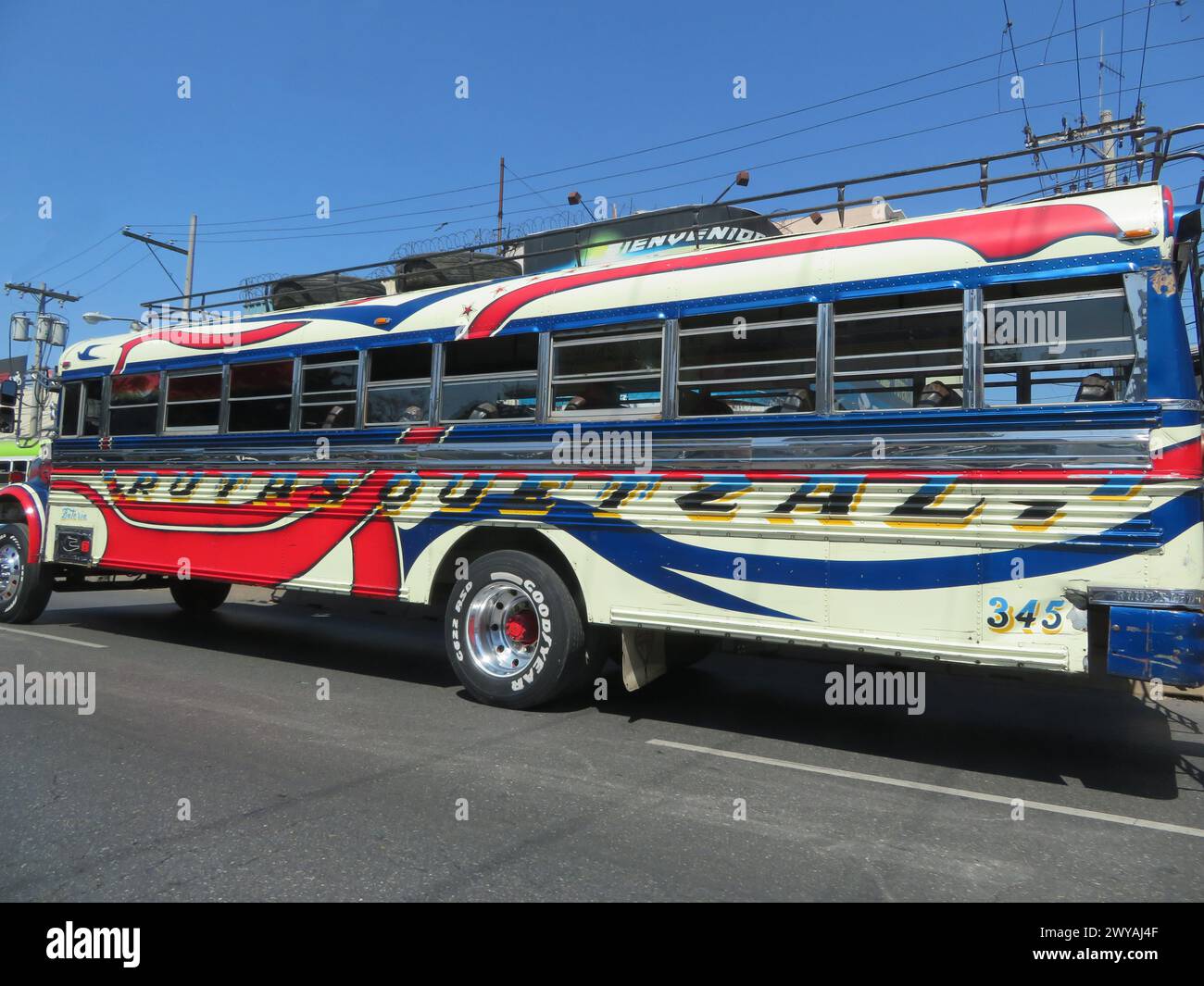 Guatemala City chicken buses. Vibrantly coloured privately owned buses ...