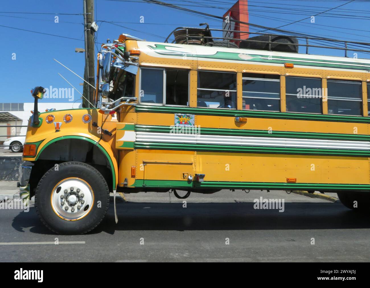 Guatemala City chicken buses. Vibrantly coloured privately owned buses ...