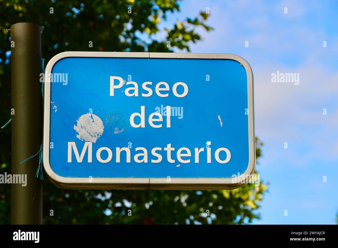 Blue and white street sign for the historic tree lined pedestrianised ...