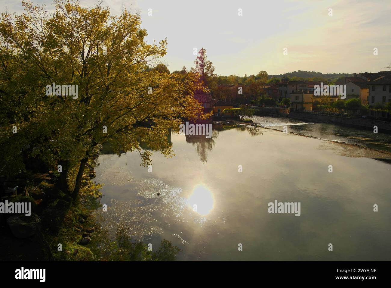View from the Visconteo bridge in Borghetto on the Mincio river, Veneto ...