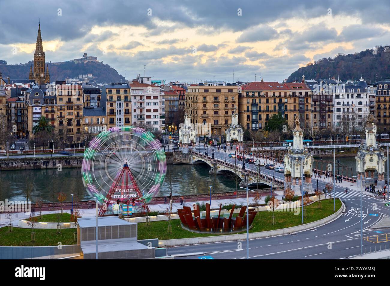 View of the city from Tabakalera, Maria Cristina Bridge, Ferris wheel ...