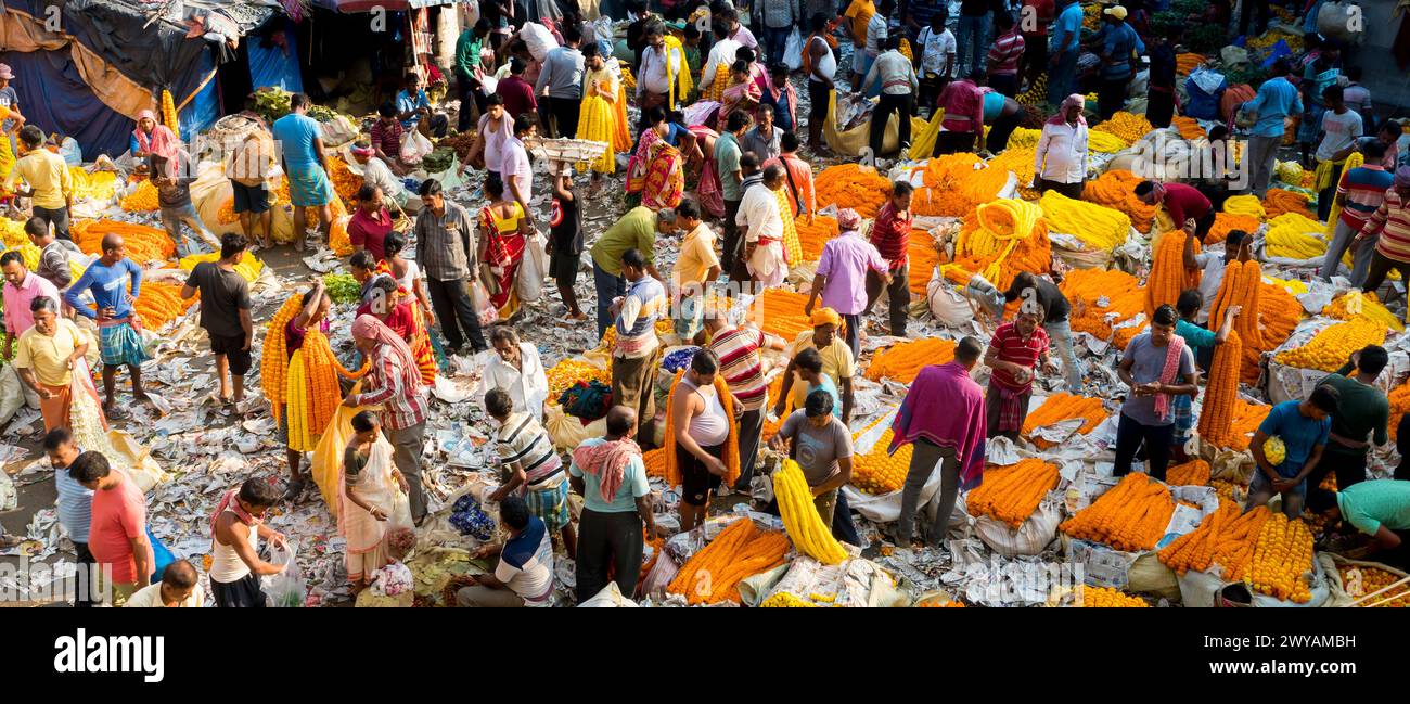 India, Kolkata, Howrah Bridge Mullick Ghat flower market Stock Photo ...