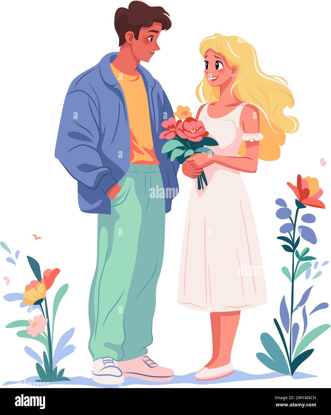 Cheerful boy gives flower to sweet blond girl. First love concept ...