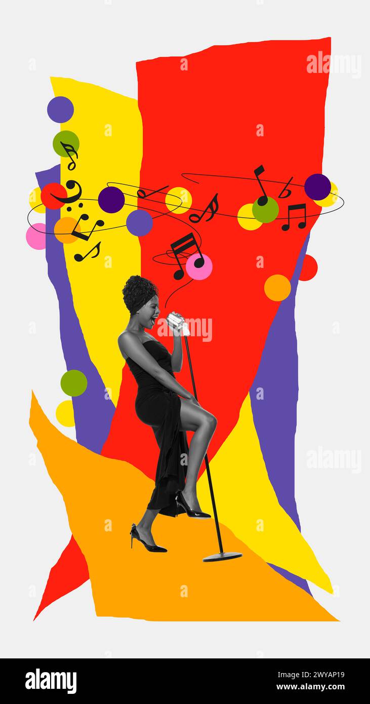 Elegant young woman, musician singing on white background with abstract ...