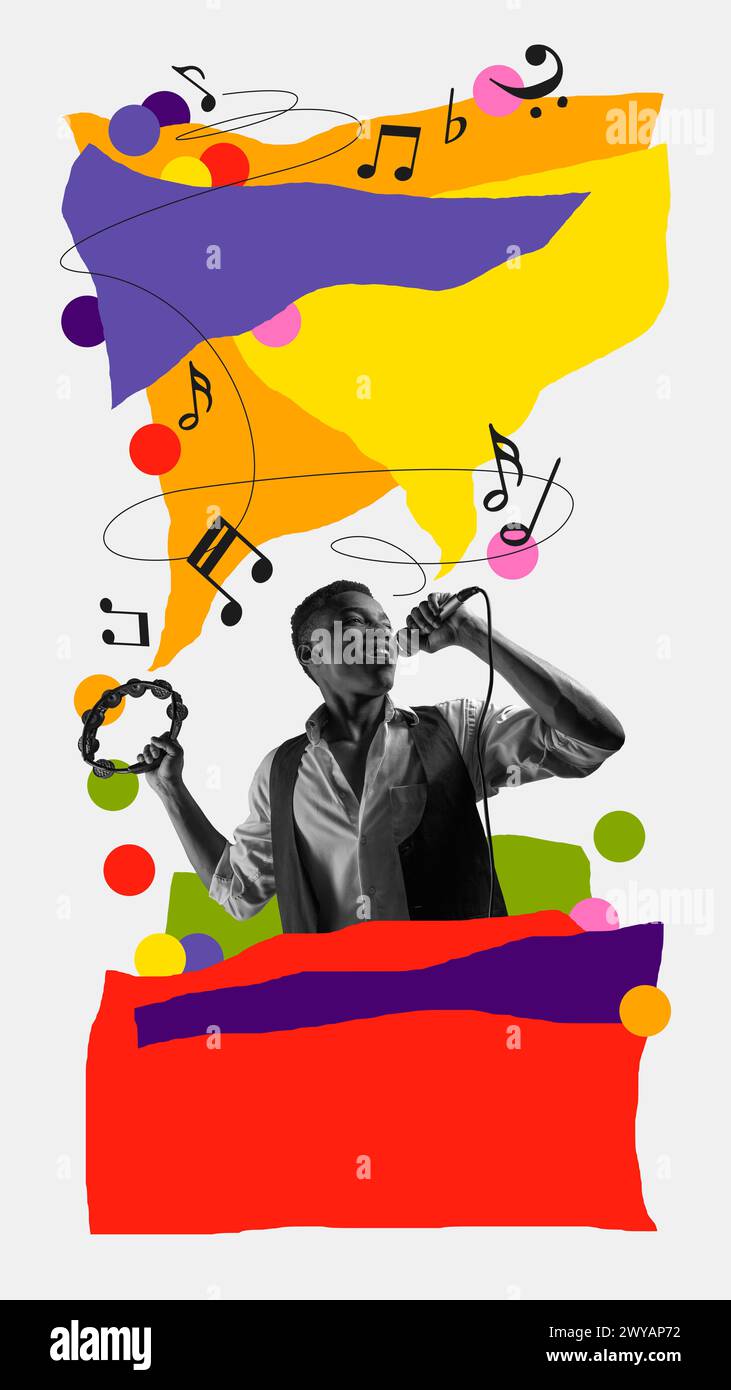 Monochrome image of young man, musician singing and playing tambourine ...