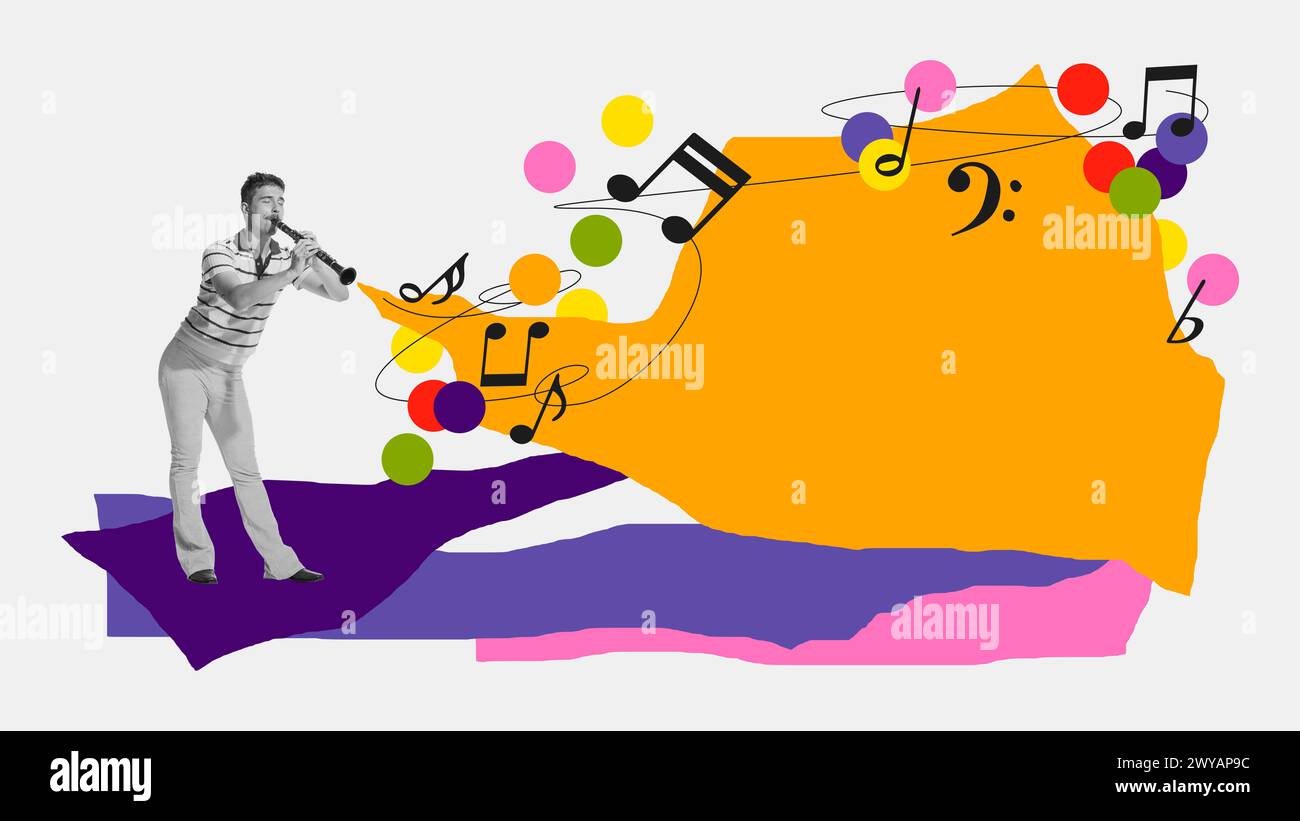 Artistic illustration of man playing clarinet on white background with ...