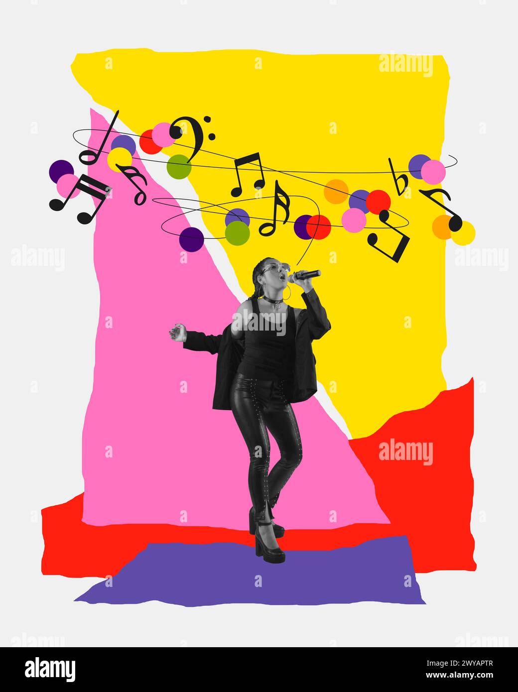 Monochrome image of young woman singing on white background with ...