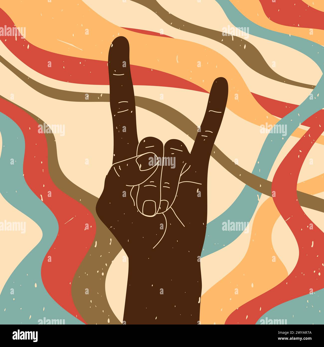 Retro style background with a hand showing rock horns gesture. Vintage ...