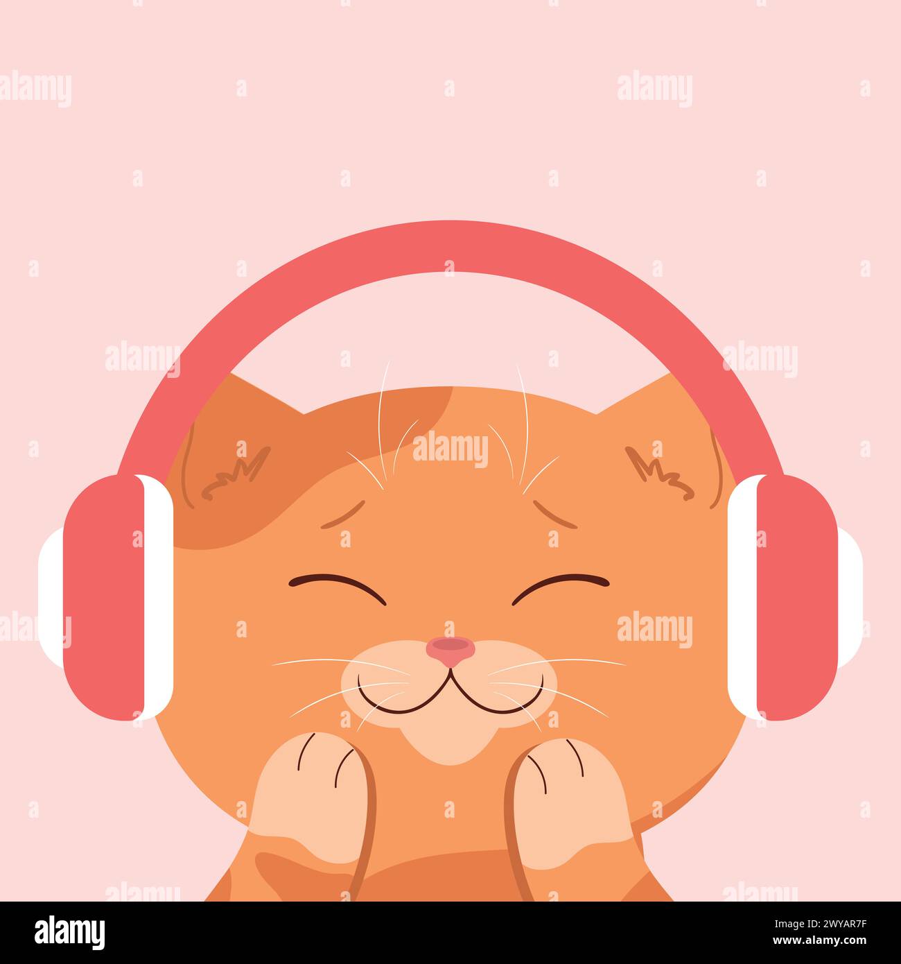 Cute red tabby cat in headphones. Cat listening to music with closed ...