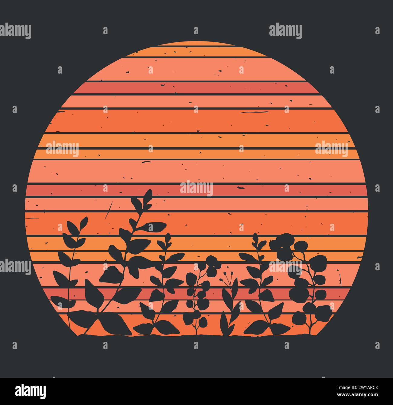 Retro style background with sunset and plants. Vintage grunge texture ...
