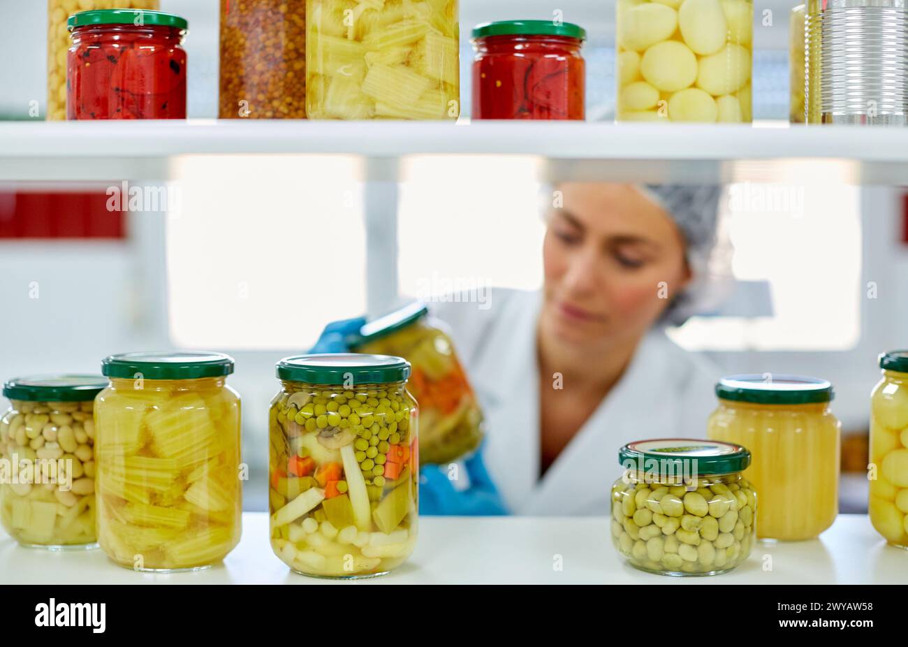 Laboratory quality control, Production line of canned vegetables and ...
