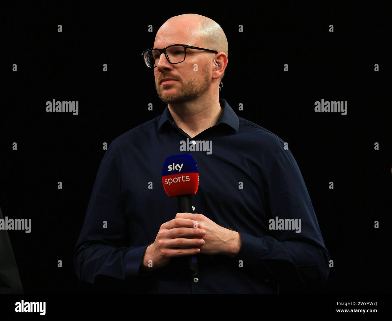 Manchester, UK. 04th Apr, 2024. Sky Sports presenter Mark Webster during the 2024 BetMGM Premier ...