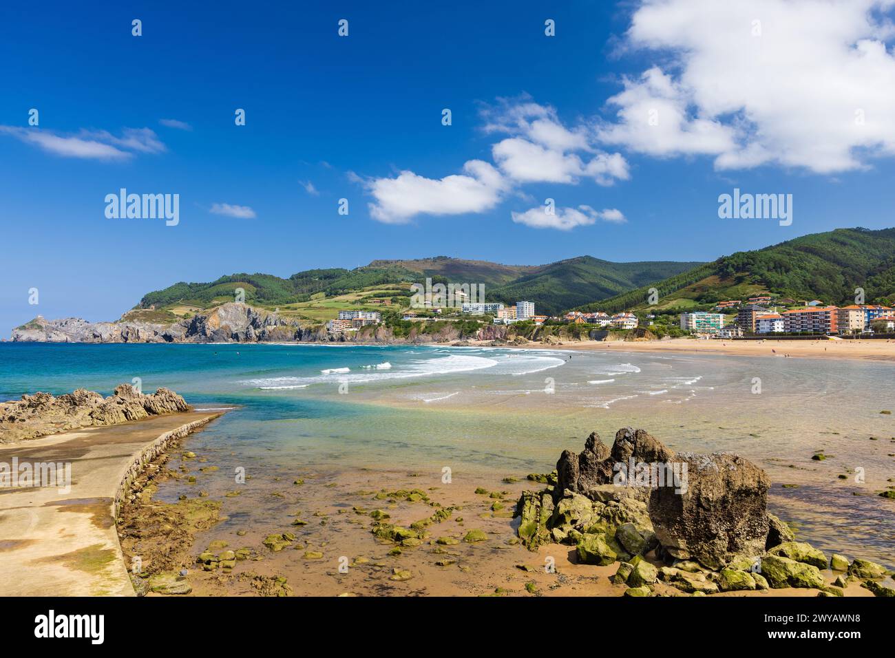 Panoramic view of Bakio beach, the waters of the Cantabrian Sea with ...