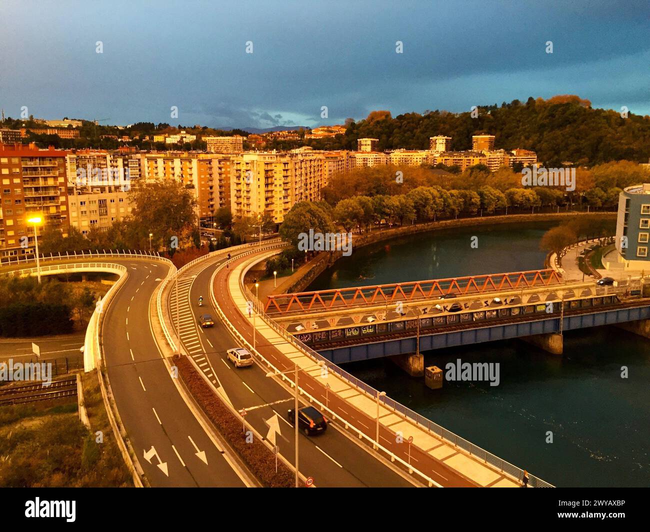 Bridge of the Real Sociedad over Urumea river, San Sebastian, Guipuzcoa ...