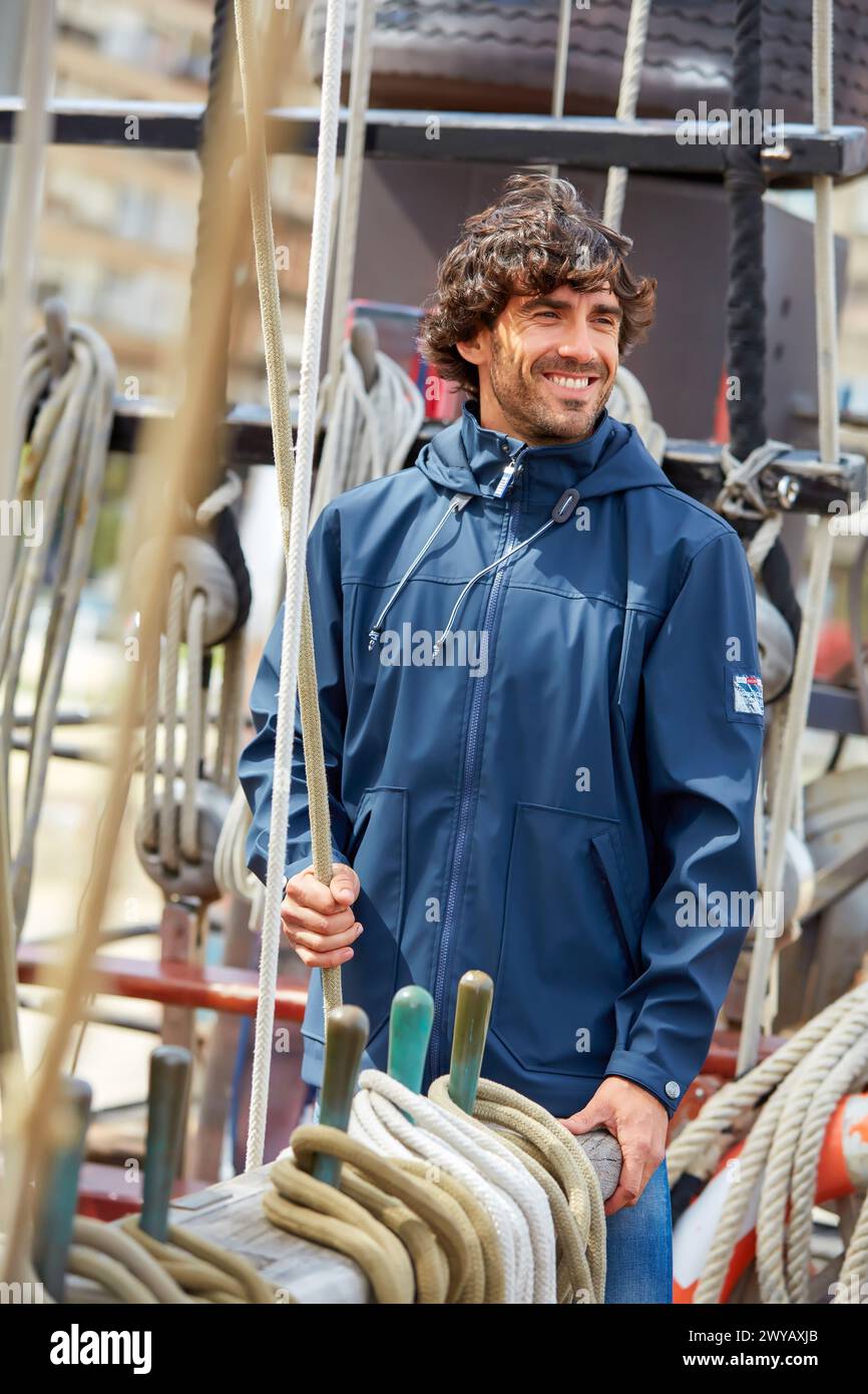 Sailor. Ropes sail of a sailboat, galleon. Basque Country. Spain Stock ...
