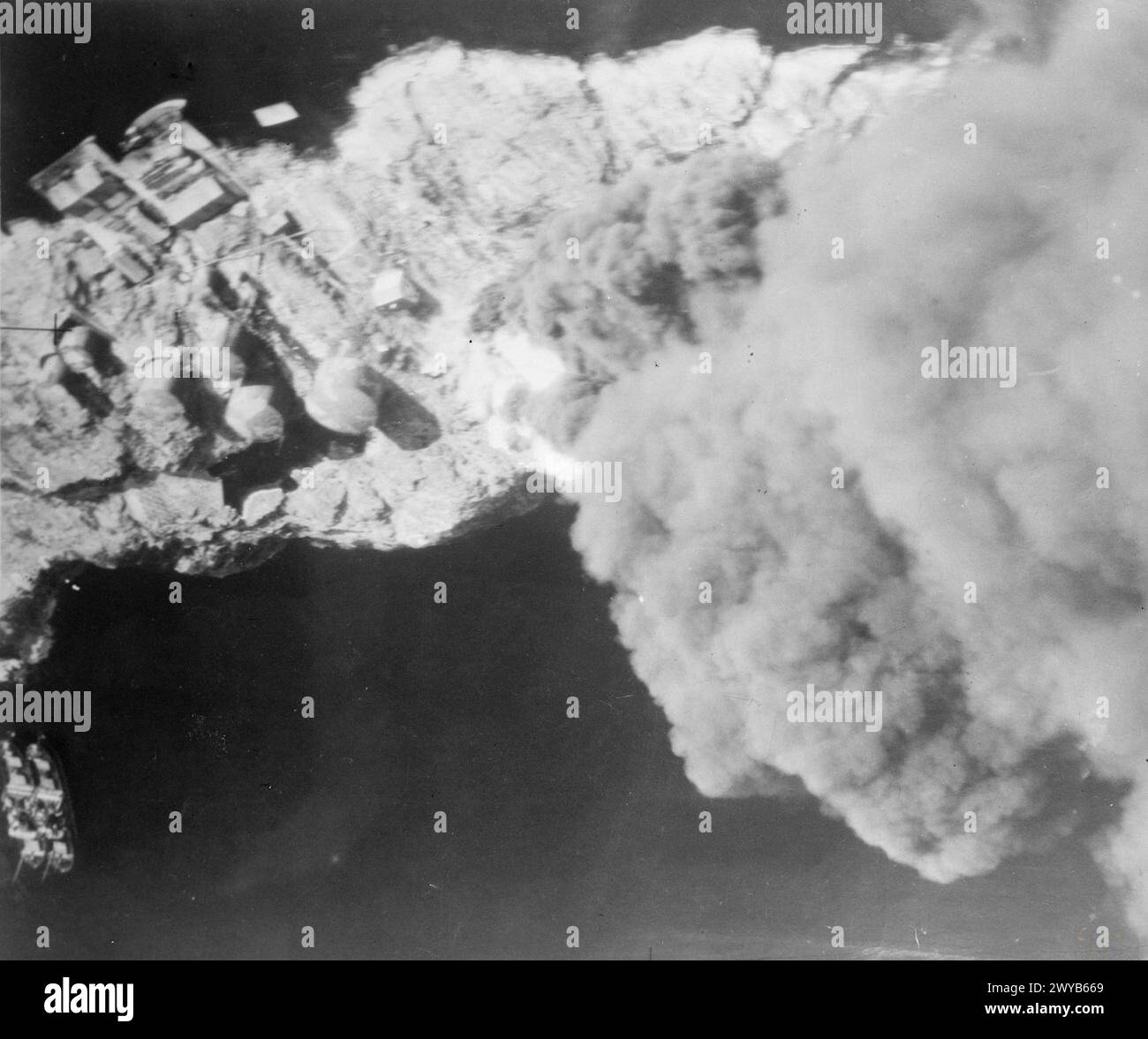 Naval aircraft of the Fleet Air Arm conduct an attack on an enemy oil ...
