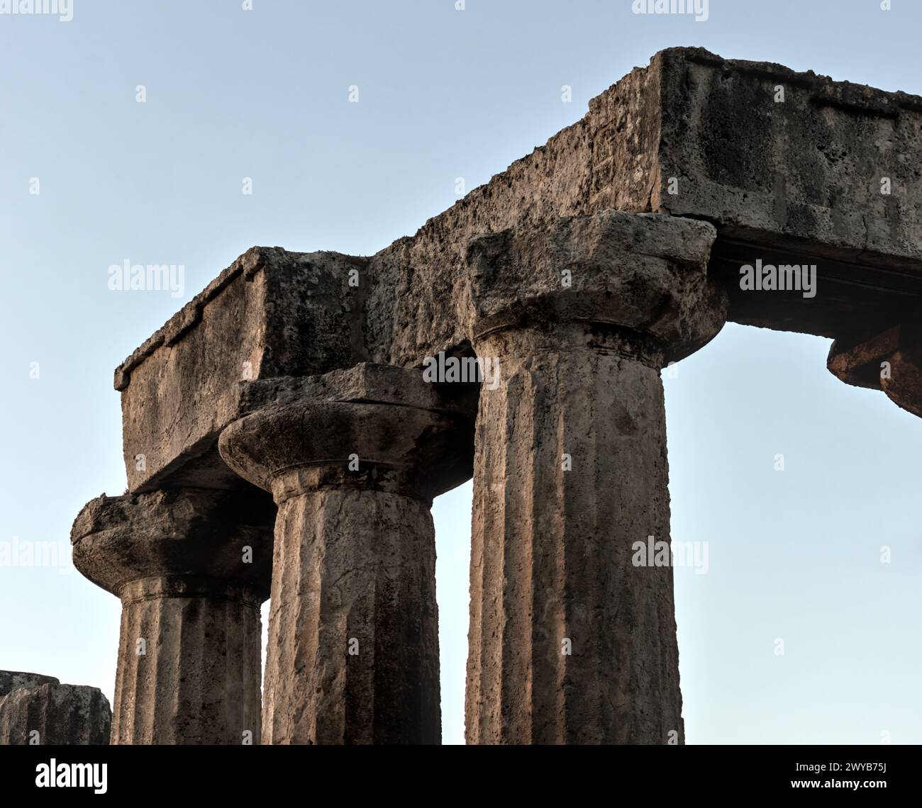Temple of Apollo ruins in Ancient Corinth, Greece. Details of columns, pillars, doric ...
