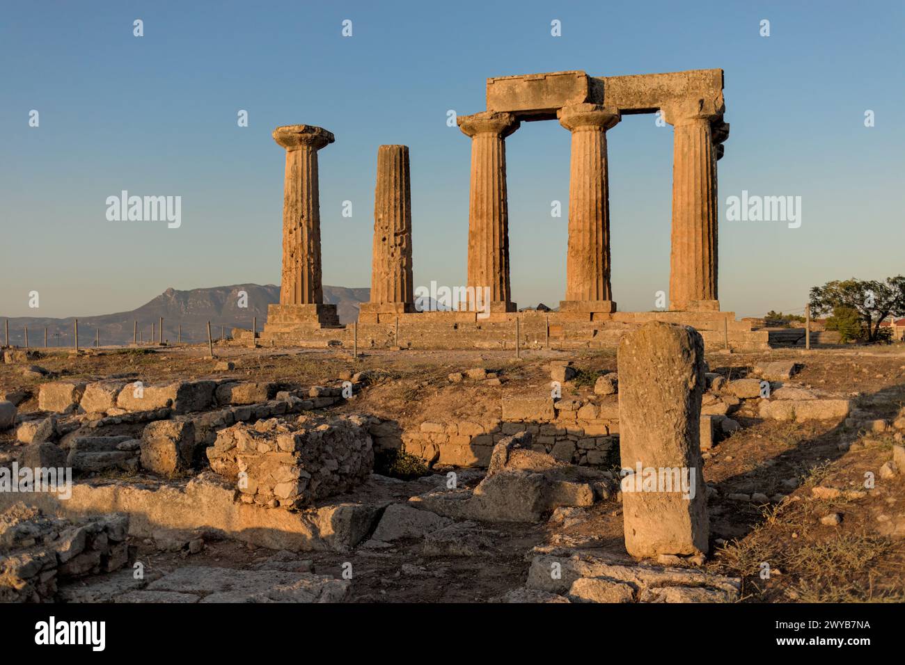 Temple of Apollo ruins in Ancient Corinth, Greece. Details of columns, pillars, doric ...