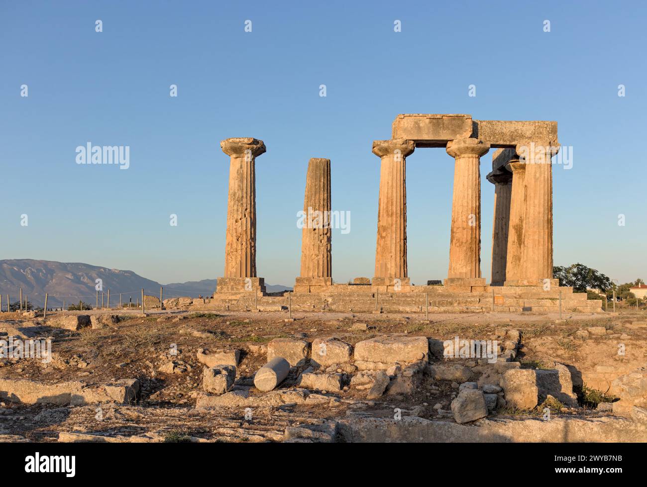 Temple of Apollo ruins in Ancient Corinth, Greece. Details of columns, pillars, doric ...