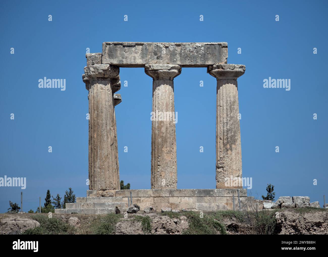 Temple of Apollo ruins in Ancient Corinth, Greece. Details of columns, pillars, doric ...