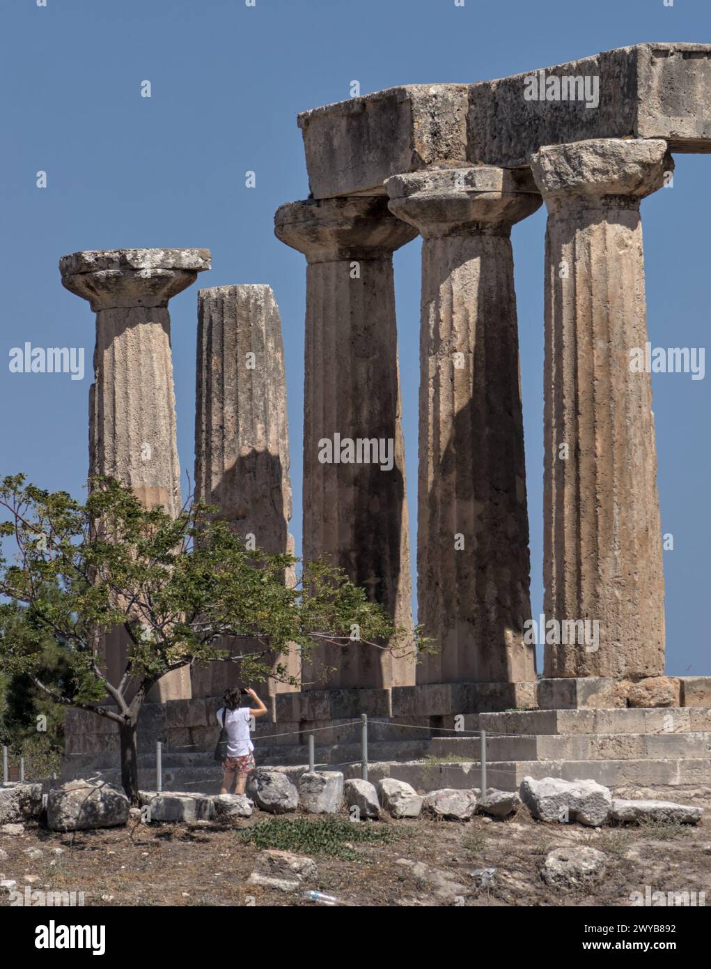 Temple of Apollo ruins in Ancient Corinth, Greece. Details of columns ...