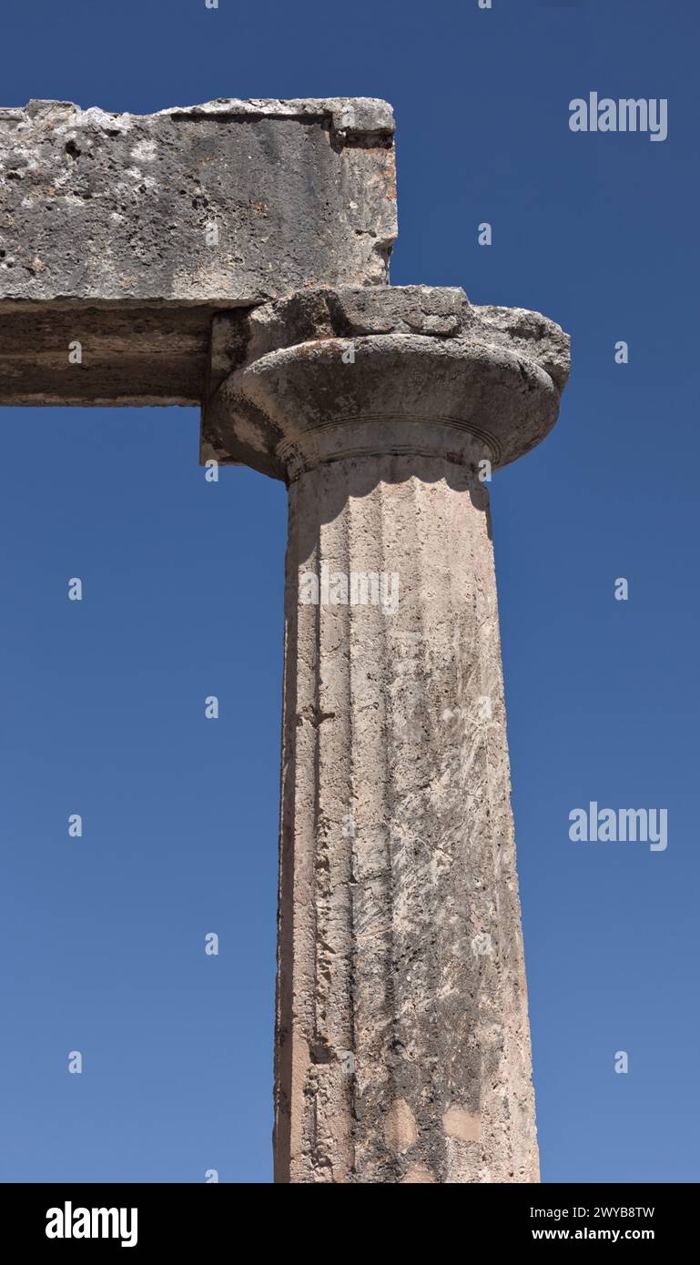 Temple of Apollo ruins in Ancient Corinth, Greece. Details of columns, pillars, doric ...