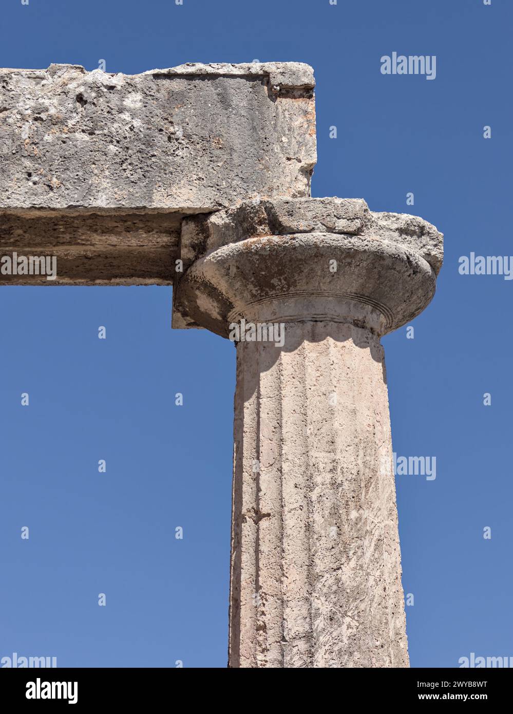 Temple of Apollo ruins in Ancient Corinth, Greece. Details of columns, pillars, doric ...
