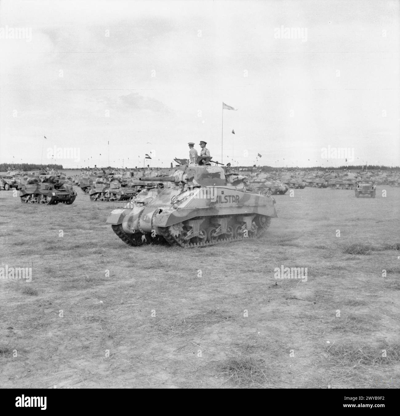 Sherman tanks of the 9th Armoured Brigade parade at Hadera, Palestine ...