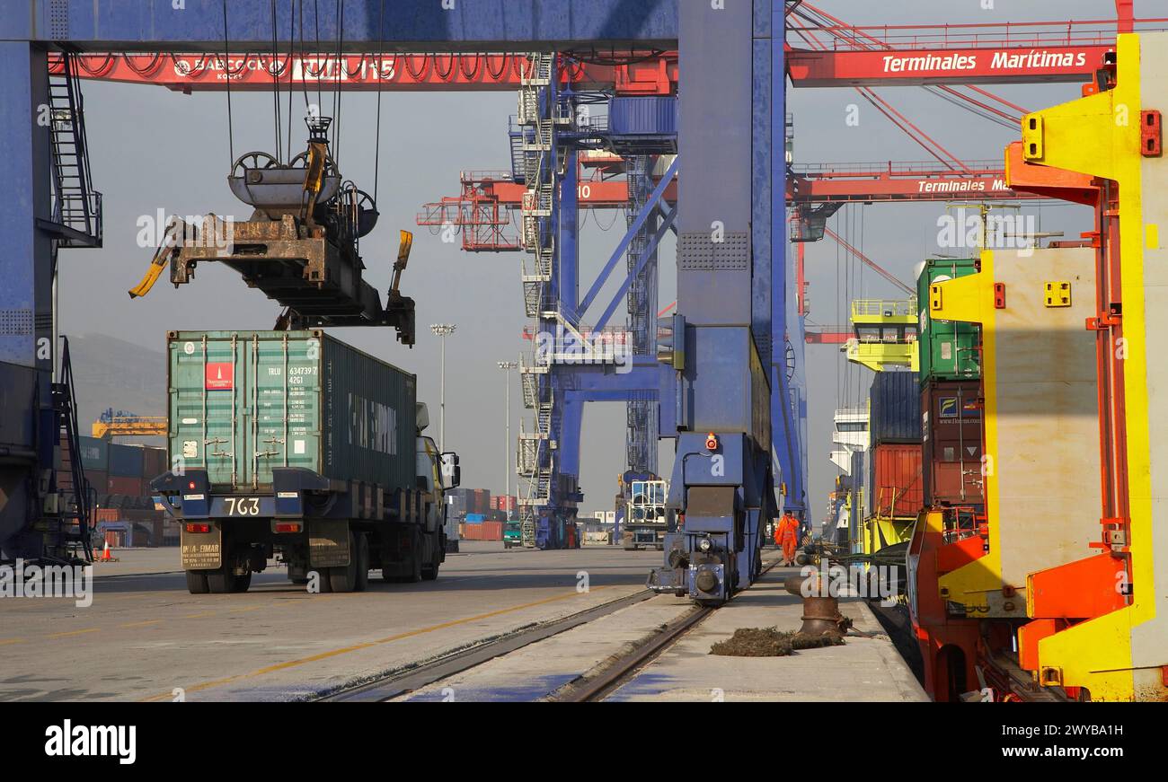 Loading containers, Port of Bilbao, Santurce, Bizkaia, Basque Country ...