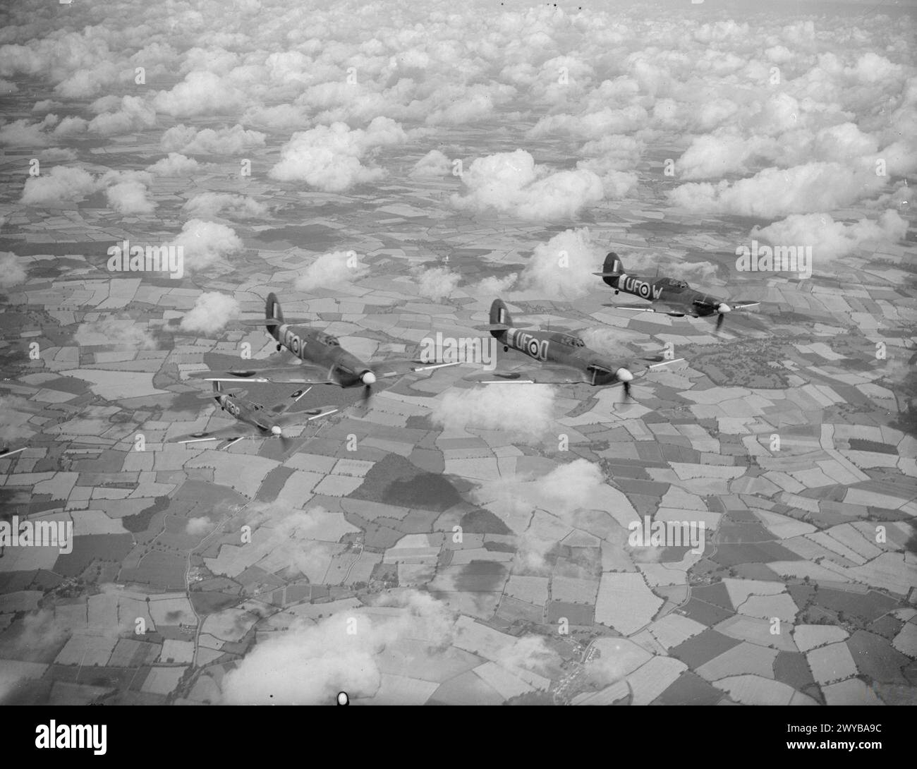 Hurricane IIB fighters of No. 601 Squadron, based at Duxford, flying on ...