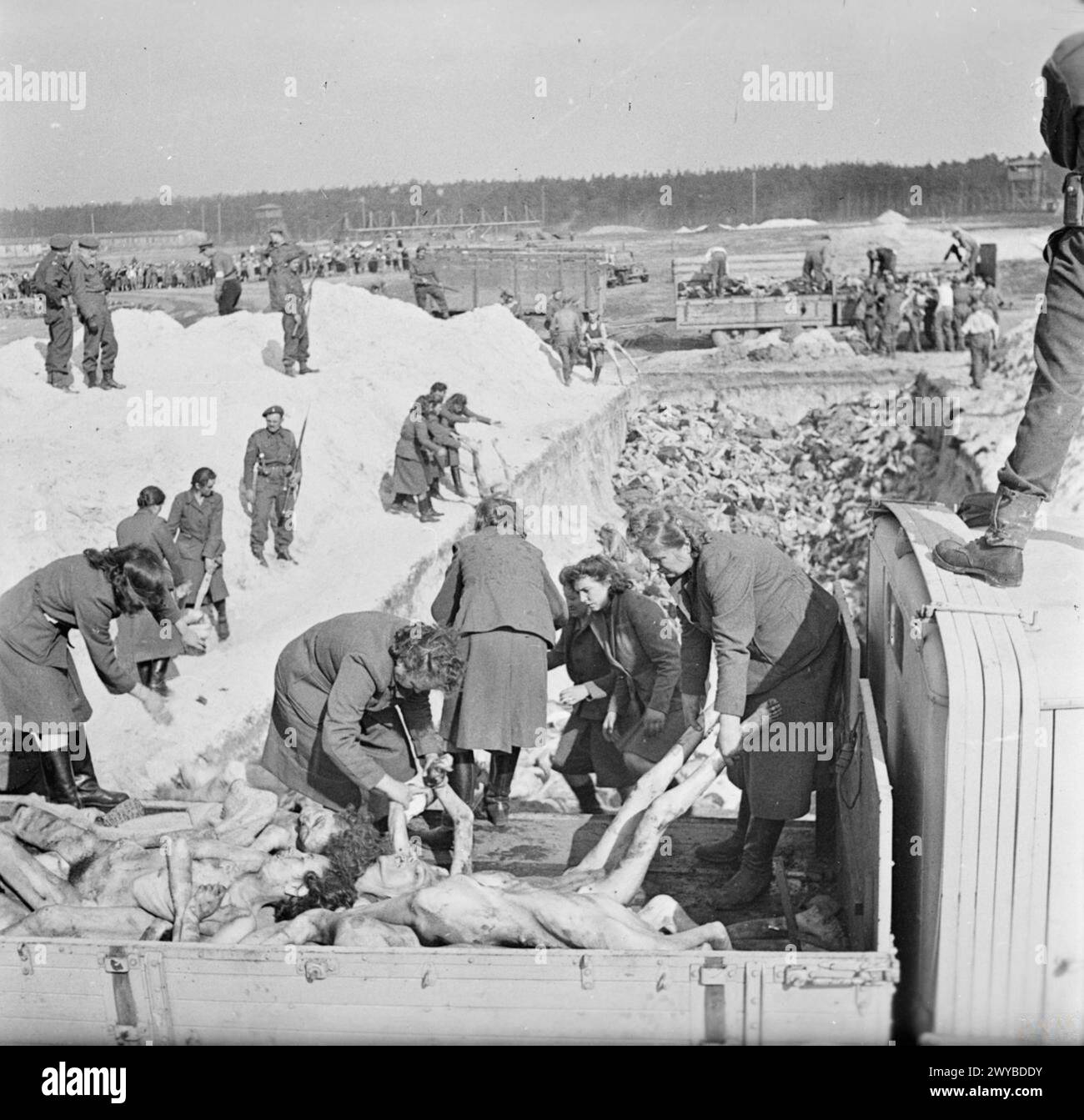 Female SS guards remove corpses from lorries and carry them to mass ...