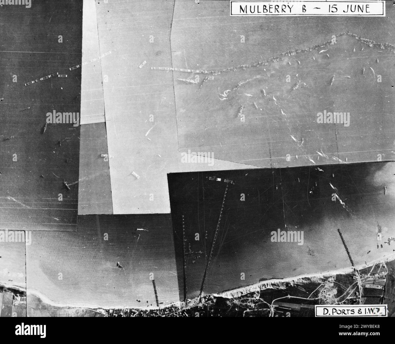 Aerial mosaic photograph shows Mulberry 'B' harbour at Arromanches ...