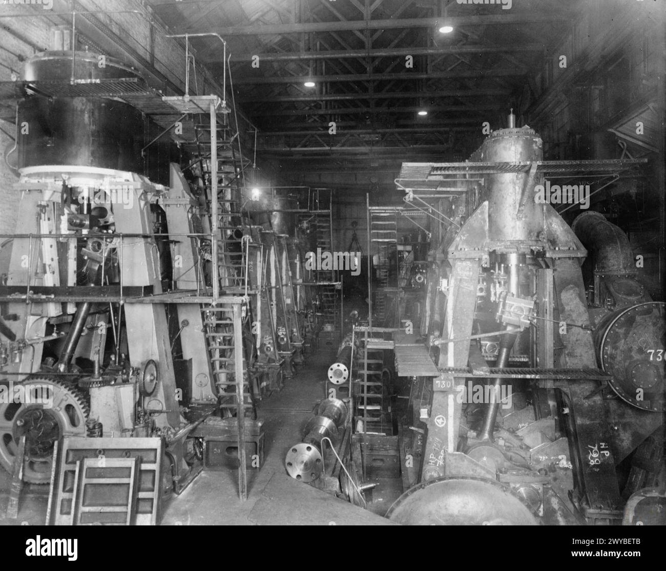 A ship's engine room containing machinery, boilers, and propulsion ...