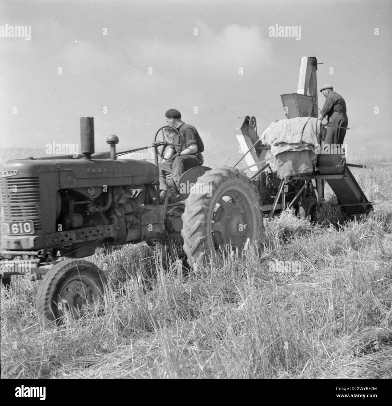 Two farm workers operate a tractor-drawn trailer in a field at ...