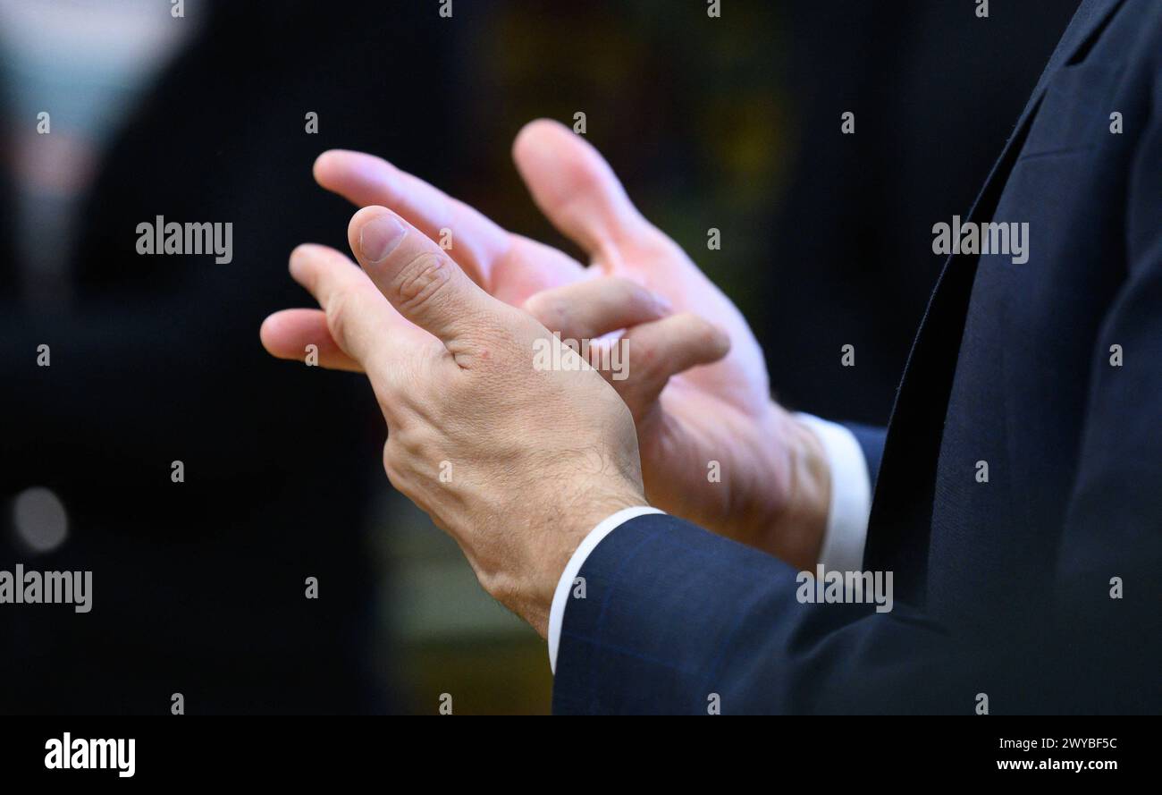 Paris, France. 05th Apr, 2024. Hands of French President Emmanuel ...