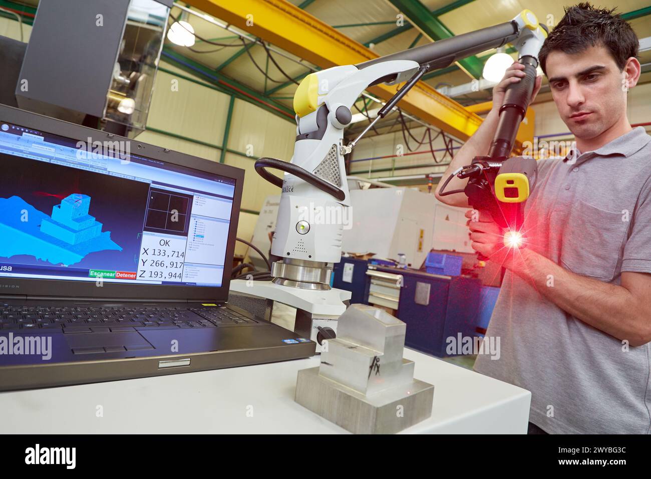 Technical inspecting production piece. MCAx measuring arm. Coordinate ...