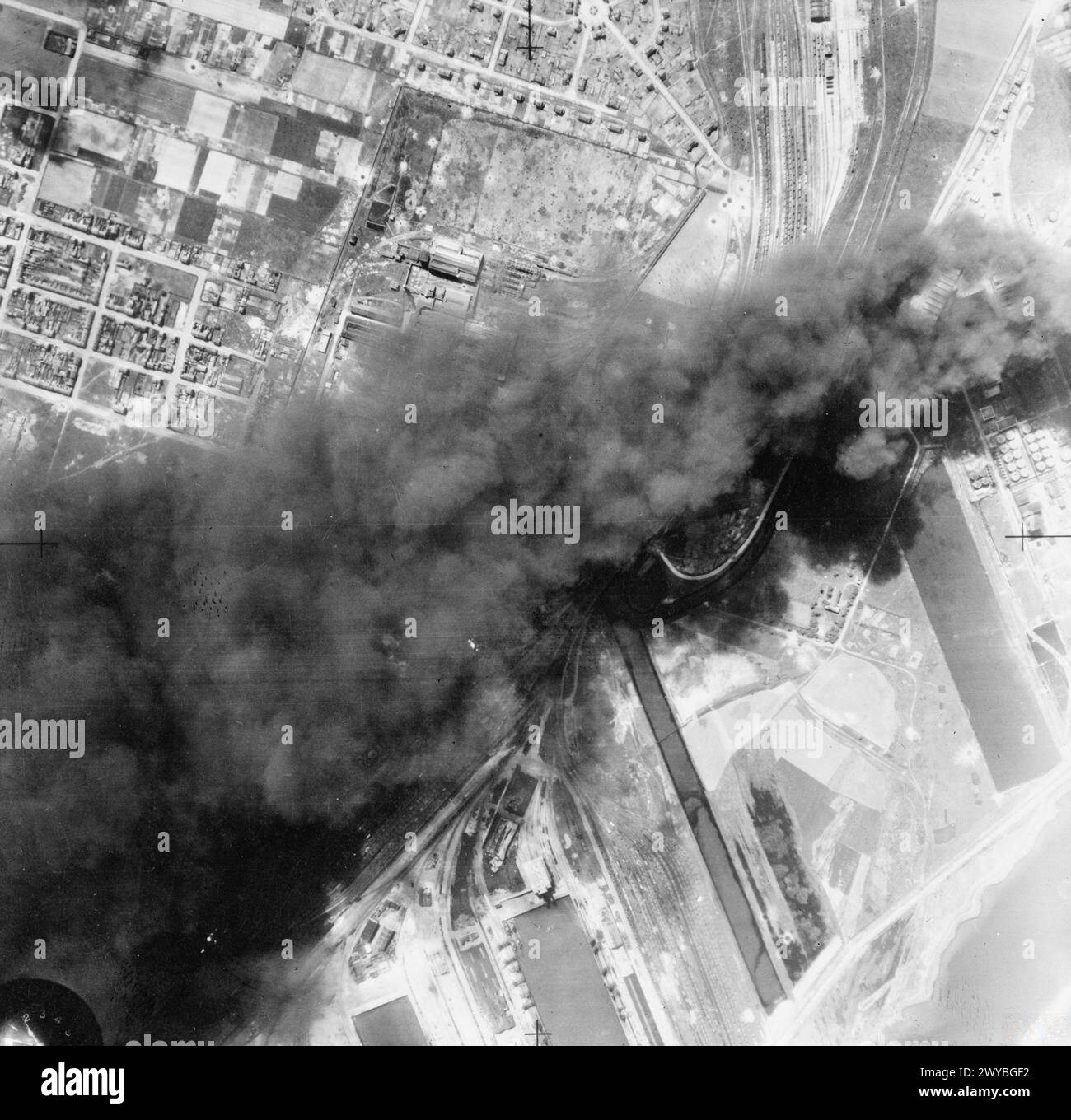 DUNKIRK AND THE RETREAT FROM FRANCE 1940 - Aerial view of burning oil ...