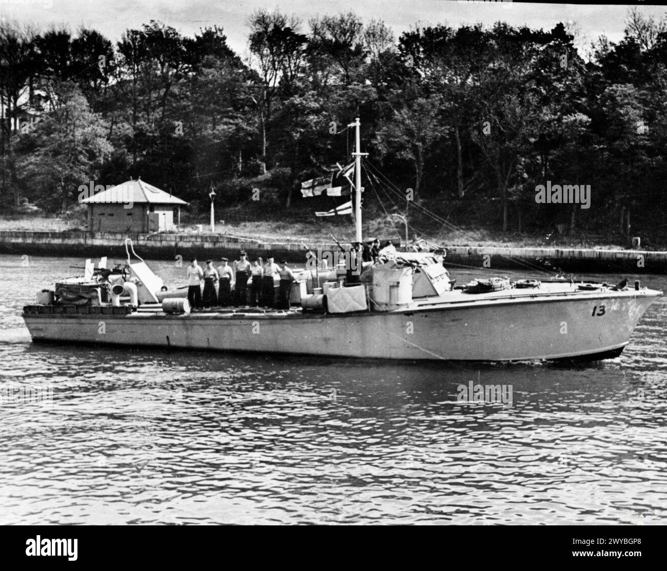 MGB 13 - Moving along a tree lined waterway. , Royal Navy, MGB 3, Motor ...